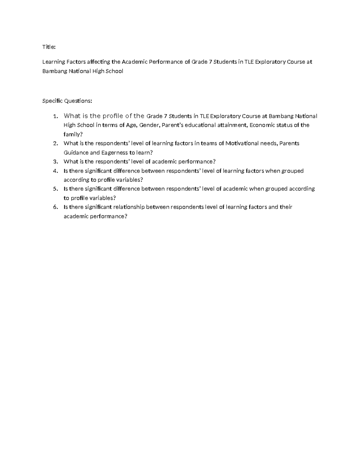 Draft Framework - Title: Learning Factors affecting the Academic ...