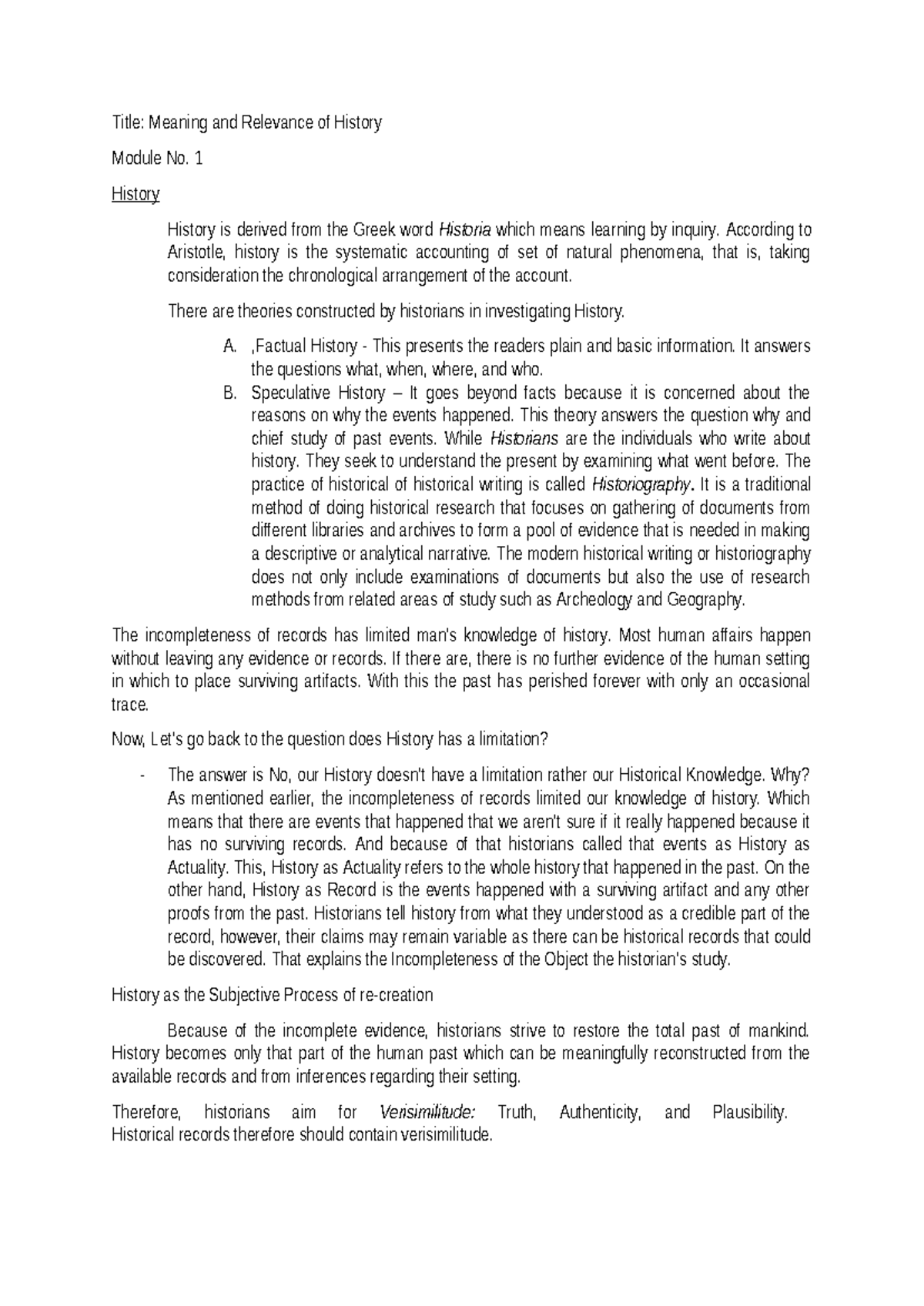 RPH Reviewer - Title: Meaning and Relevance of History Module No. 1 ...