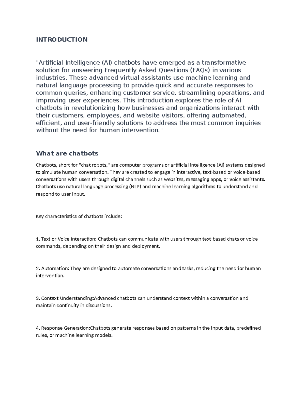 Introduction - AI CHATBOT for FAQs - INTRODUCTION "Artificial ...