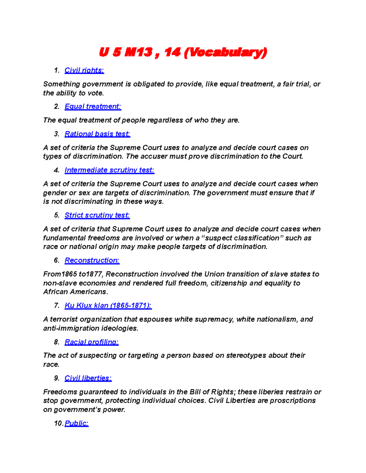 U5 M13 14 Vocabulary: Civil Rights Discrimination and Media - Studocu