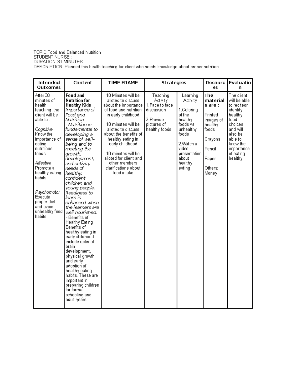 CHN Health teaching on diet - bs nursing - SWU - Studocu