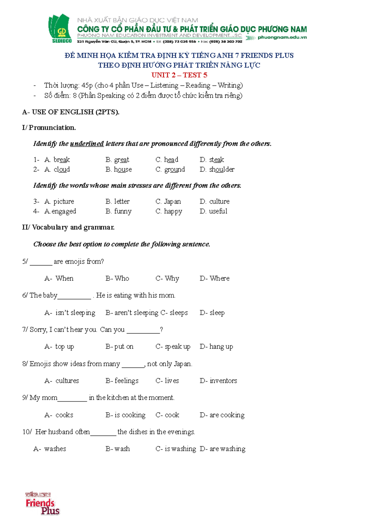 Tiếng anh 7 Friends Plus Unit 2 Test 5 - ĐỀ MINH HỌA KIỂM TRA ĐỊNH KỲ ...