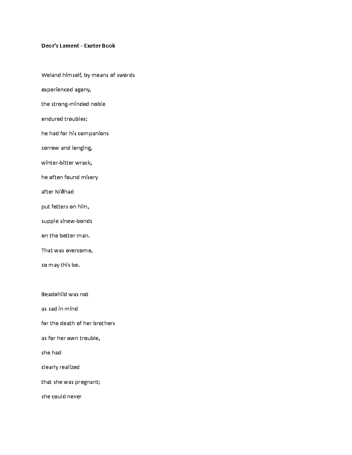 Deor s Lament - Deor's Lament - Exeter Book Weland himself, by means of ...