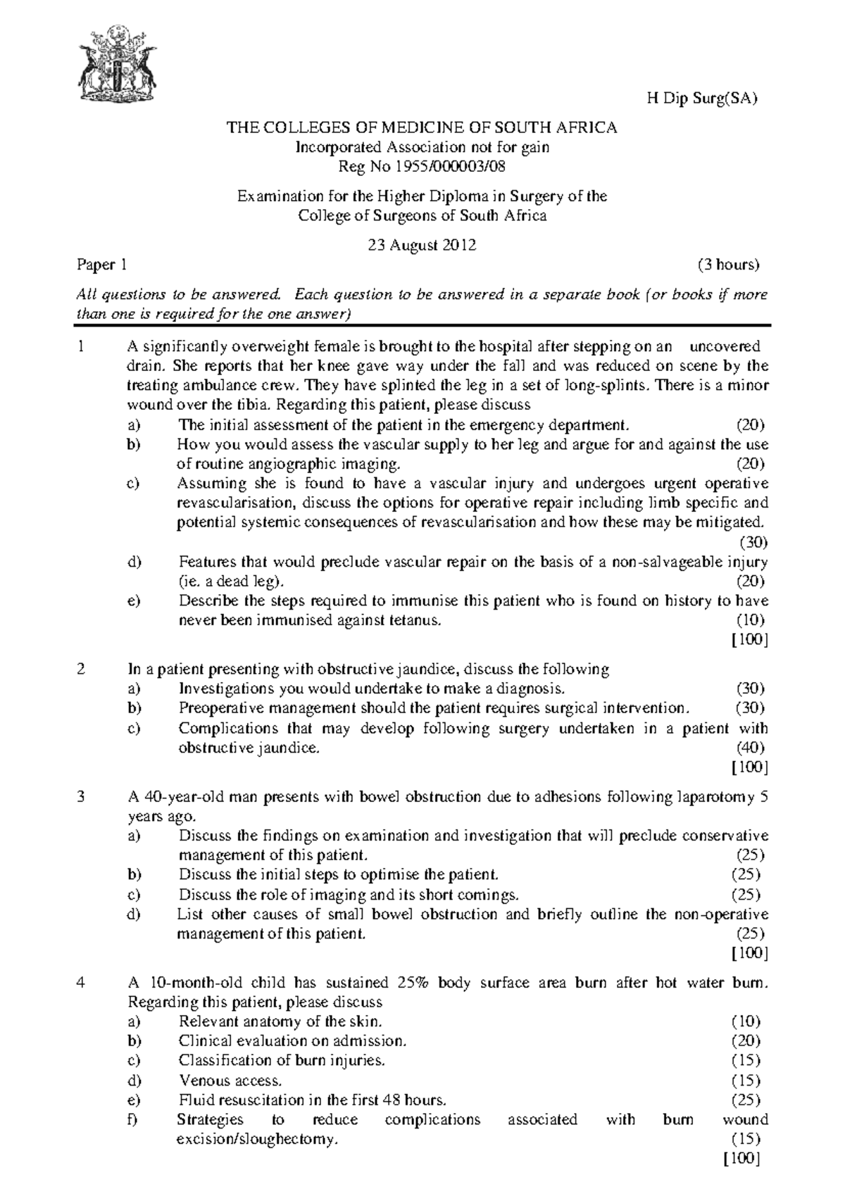 H Dip Surg(SA) Past Papers - 2012 Sept 2 7 2023 - H Dip Surg(SA) THE ...