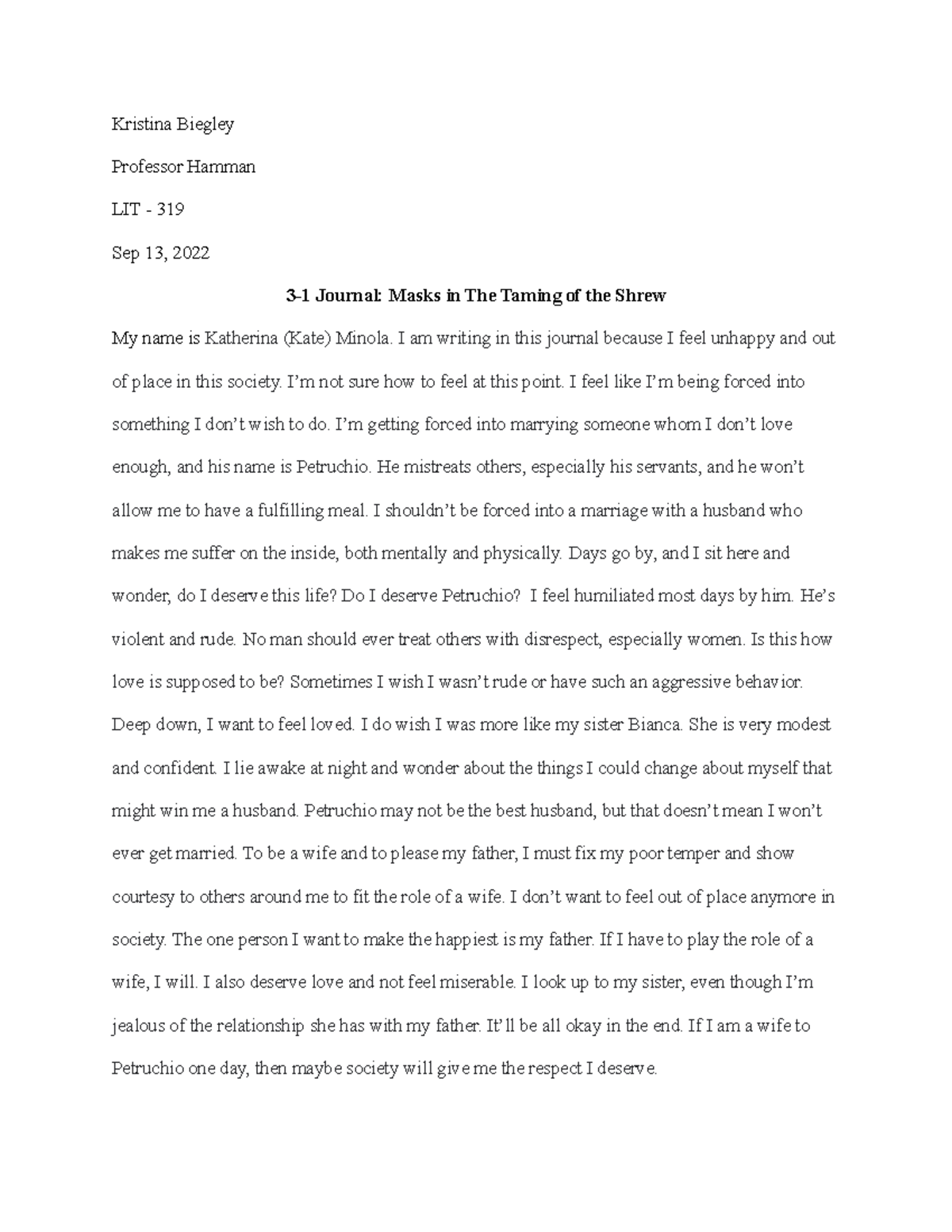 3-1 Journal Masks in The Taming of the Shrew Biegley,Kristina ...