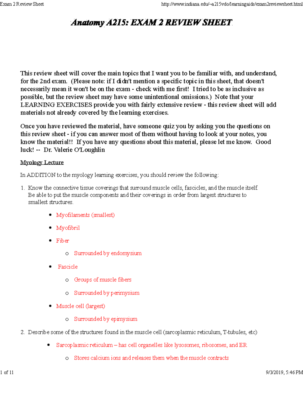 Exam 2 Review Sheet - Dr. Valerie Dean O'Loughlin, Dr. Kathryn Propst ...