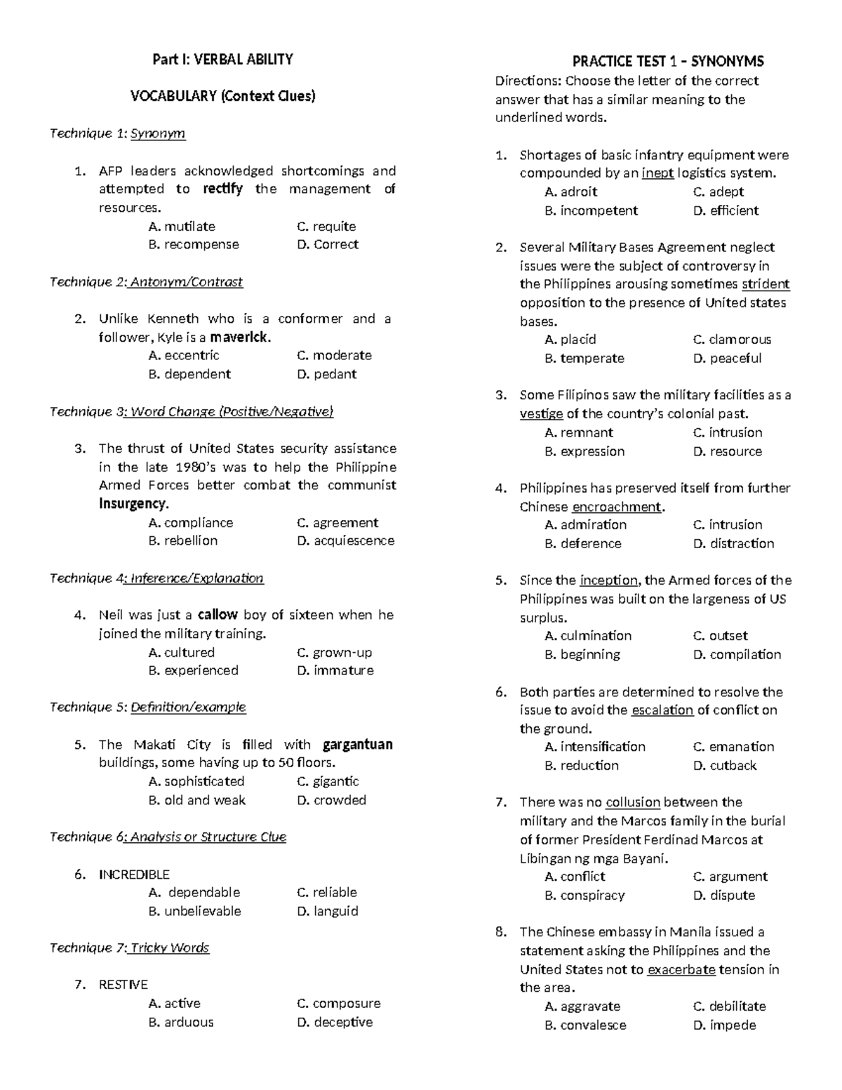 Afpsat - Afsat - Part I: VERBAL ABILITY VOCABULARY (Context Clues ...