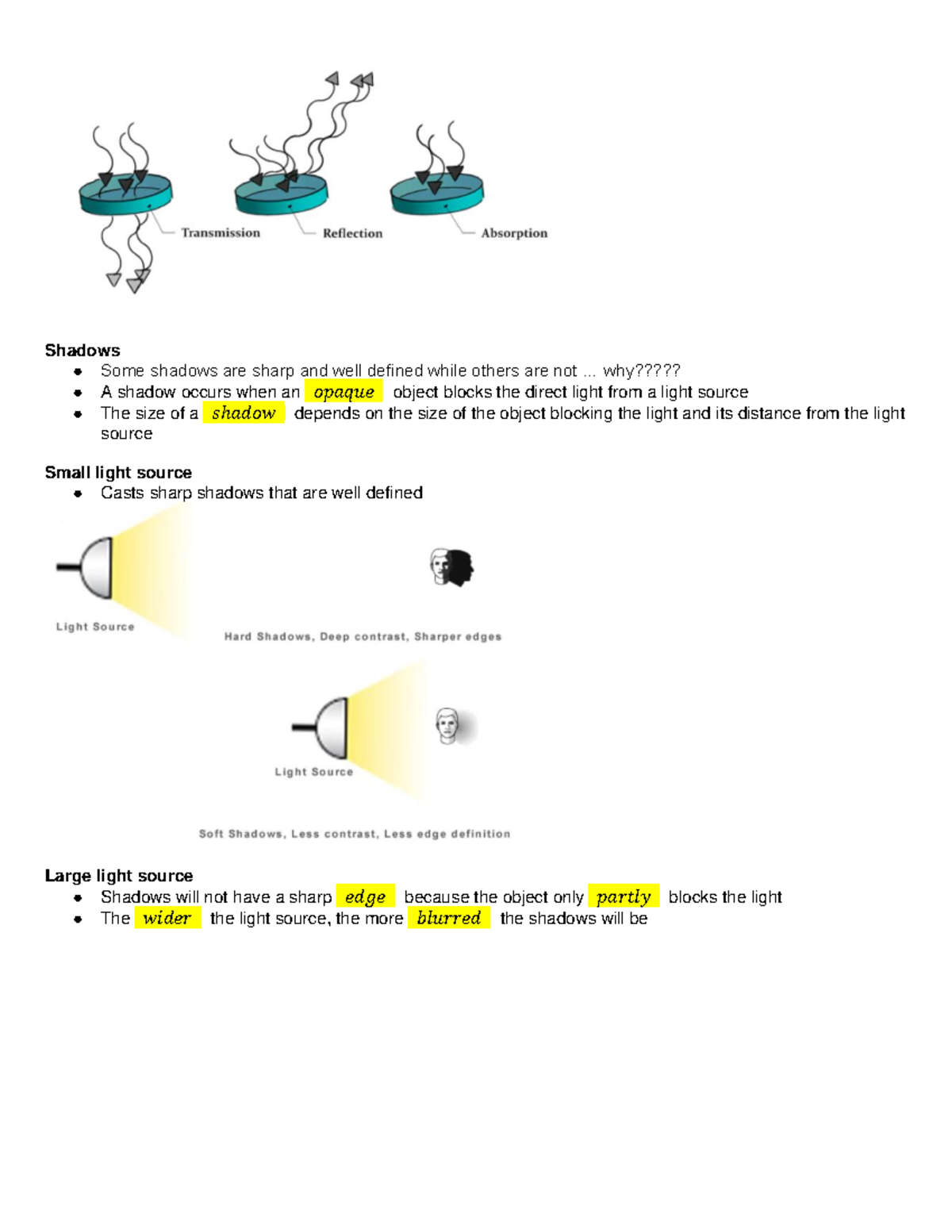 Part 4 Chapter 10 Student Notes [With Blanks] - Shadows Some shadows ...