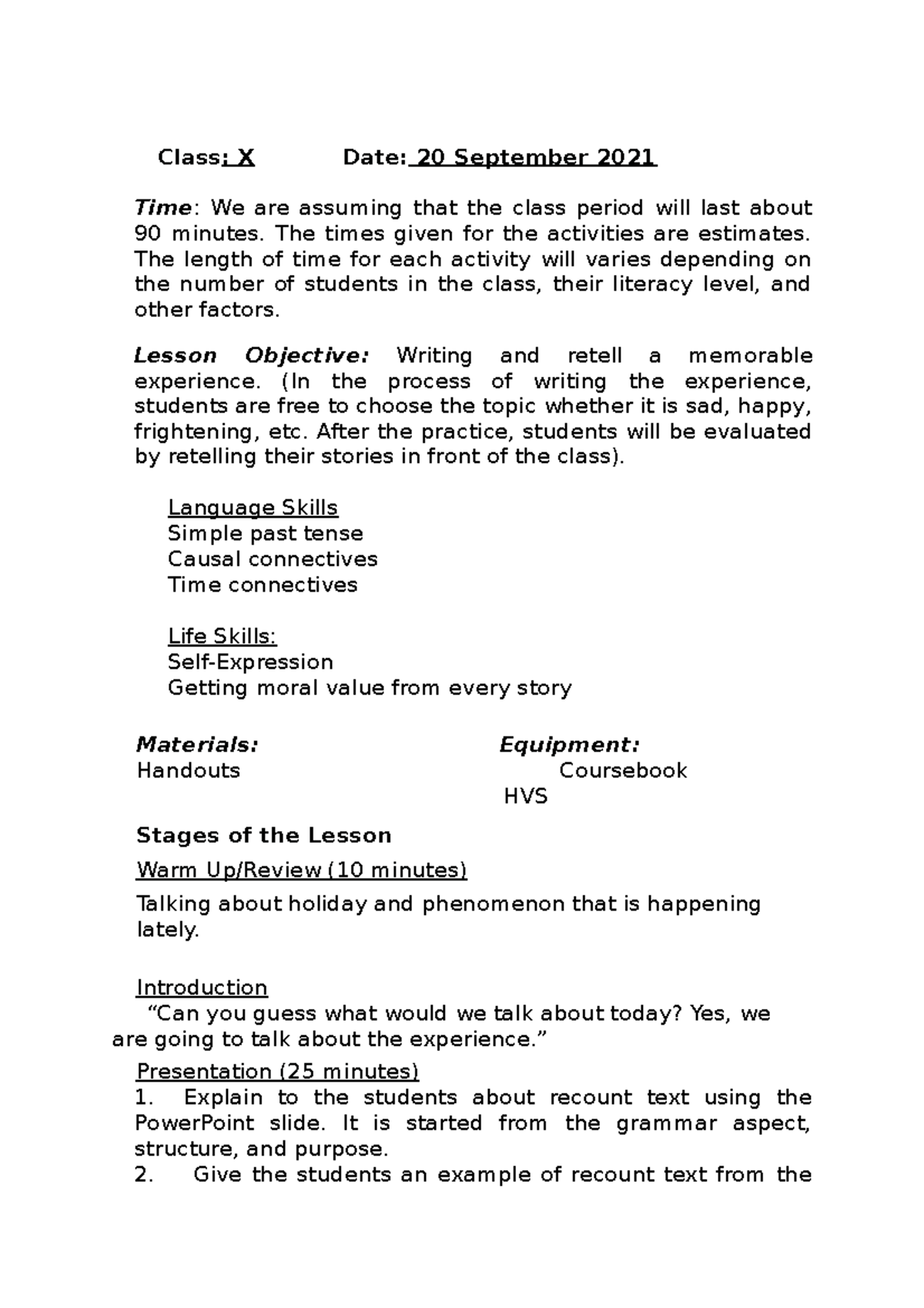 Practical Lesson Plan Grade X - Class: X Date: 20 September 2021 Time ...