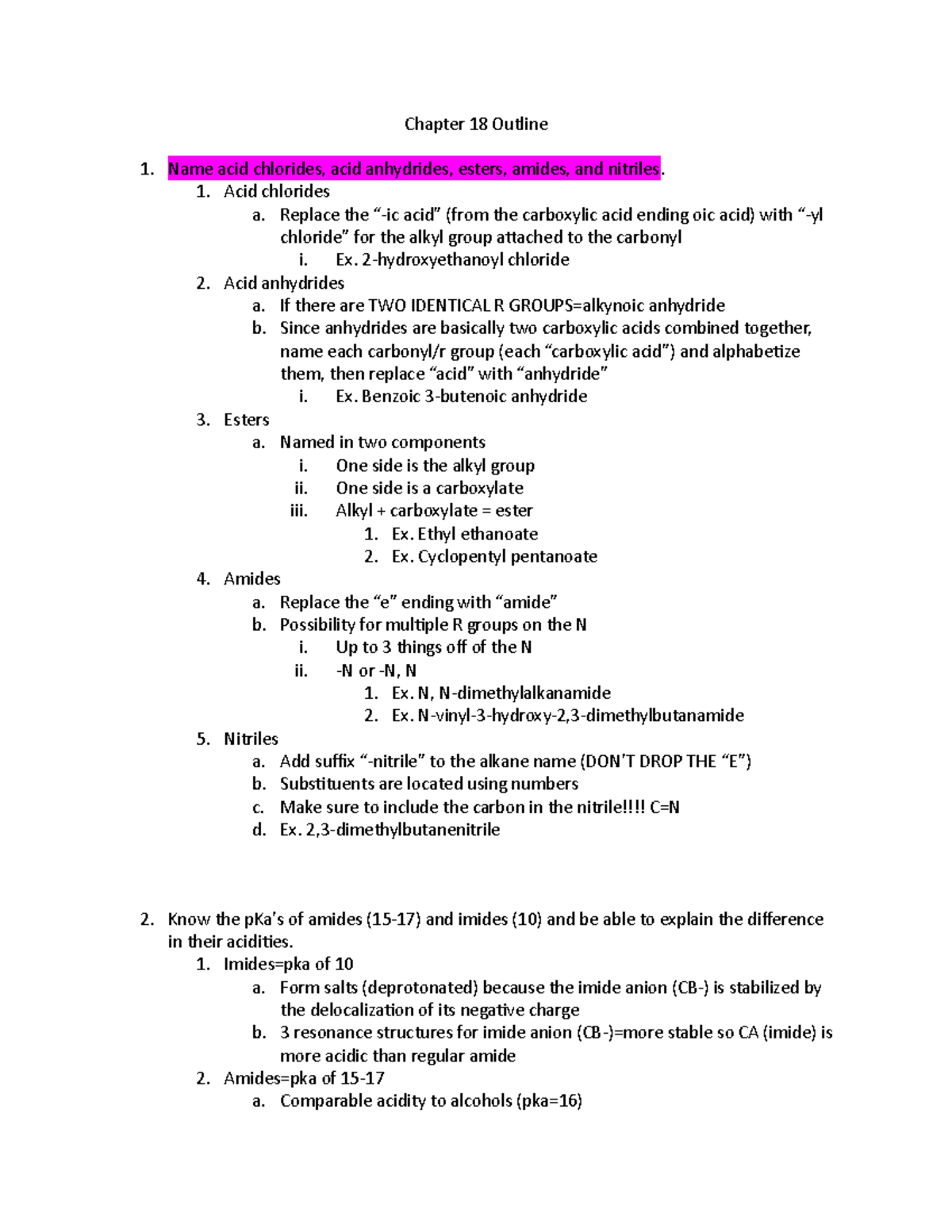 CH 232 CH 18 Outline - Chapter 18 Outline Name acid chlorides, acid ...