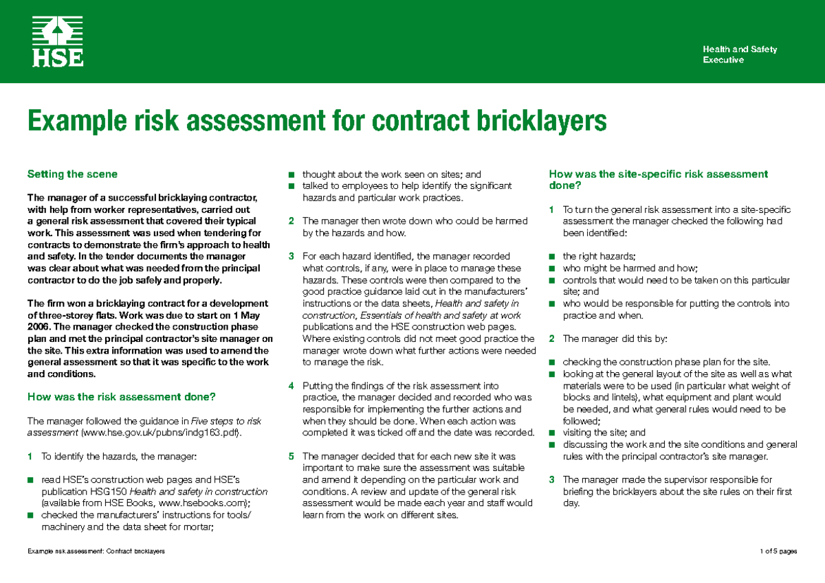 Example risk assessment for contract bricklayers - Example risk ...