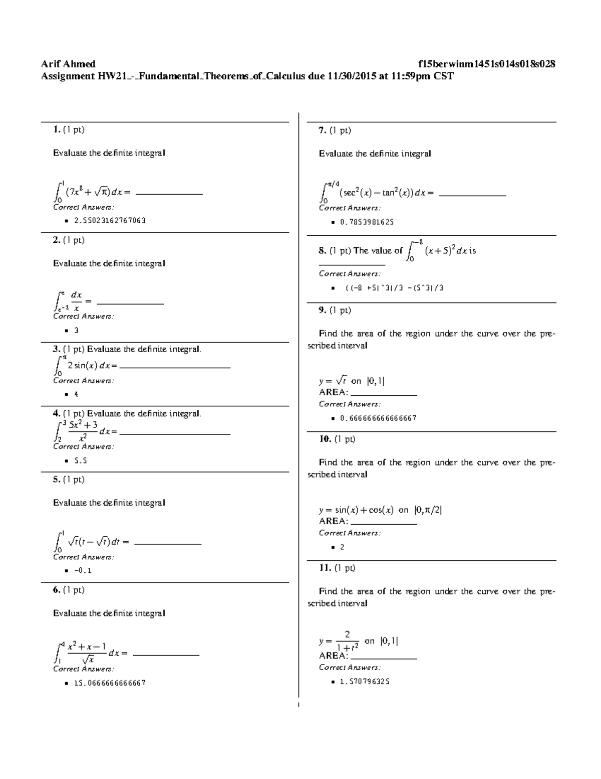 HW21 - Fundamental Theorems of Calculus - (1 pt) Evaluate the definite ...