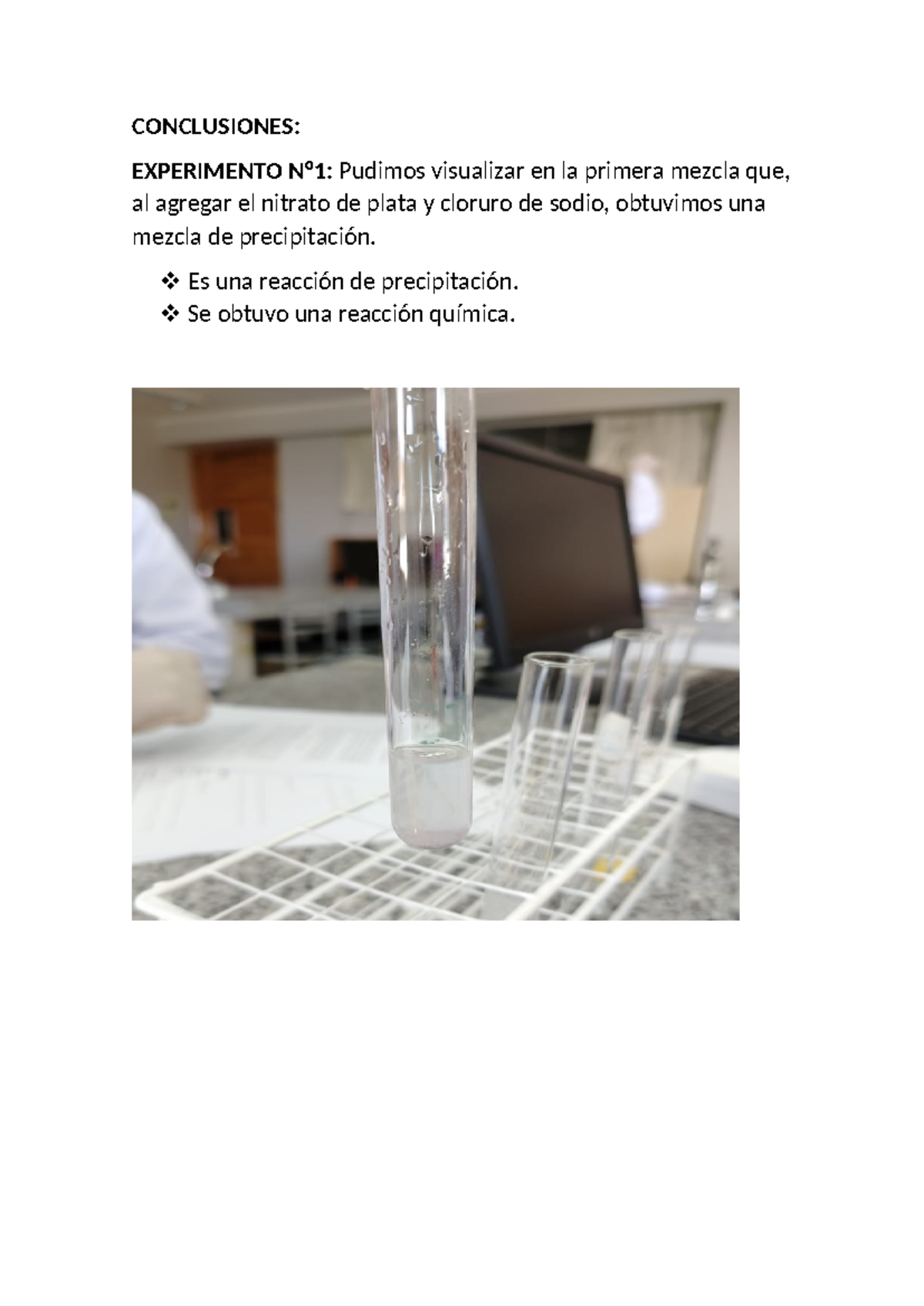 Conclusiones DE Quimica 23 - CONCLUSIONES: EXPERIMENTO N°1: Pudimos visualizar en la primera ...