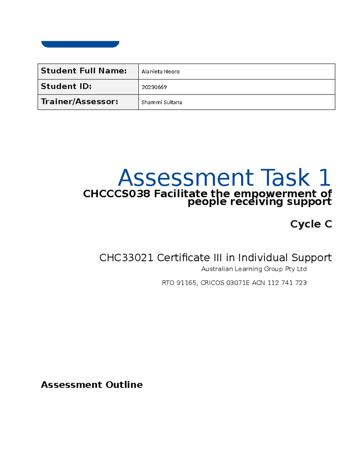 Assessment TASK 1- Chcccs 038-CHC33021- Cycle C-RTO Works-V1.0 2023 - Student Full Name ...