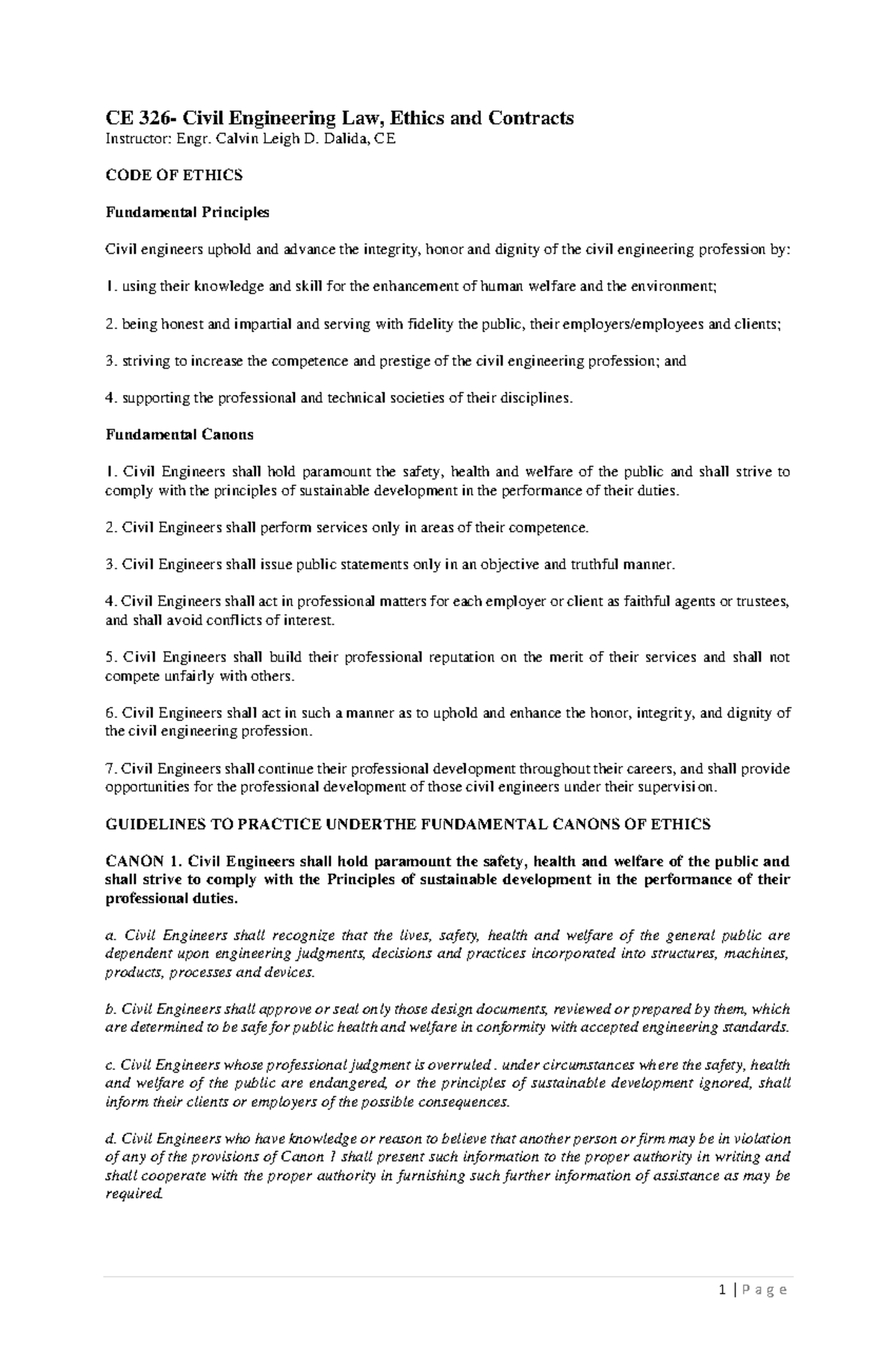 CE 326 Part 1 - law - CE 326- Civil Engineering Law, Ethics and ...