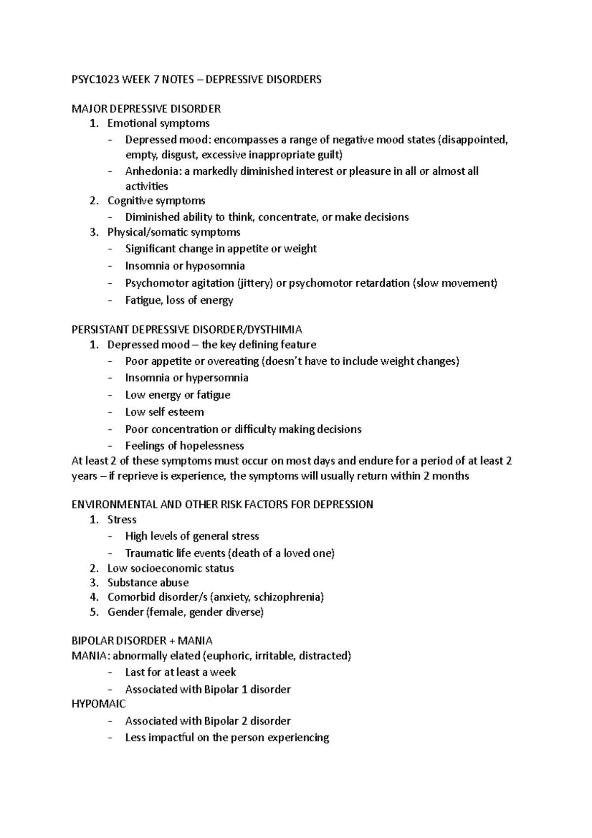 PSYC1023 WEEK 7 Notes - PSYC1023 WEEK 7 NOTES – DEPRESSIVE DISORDERS ...