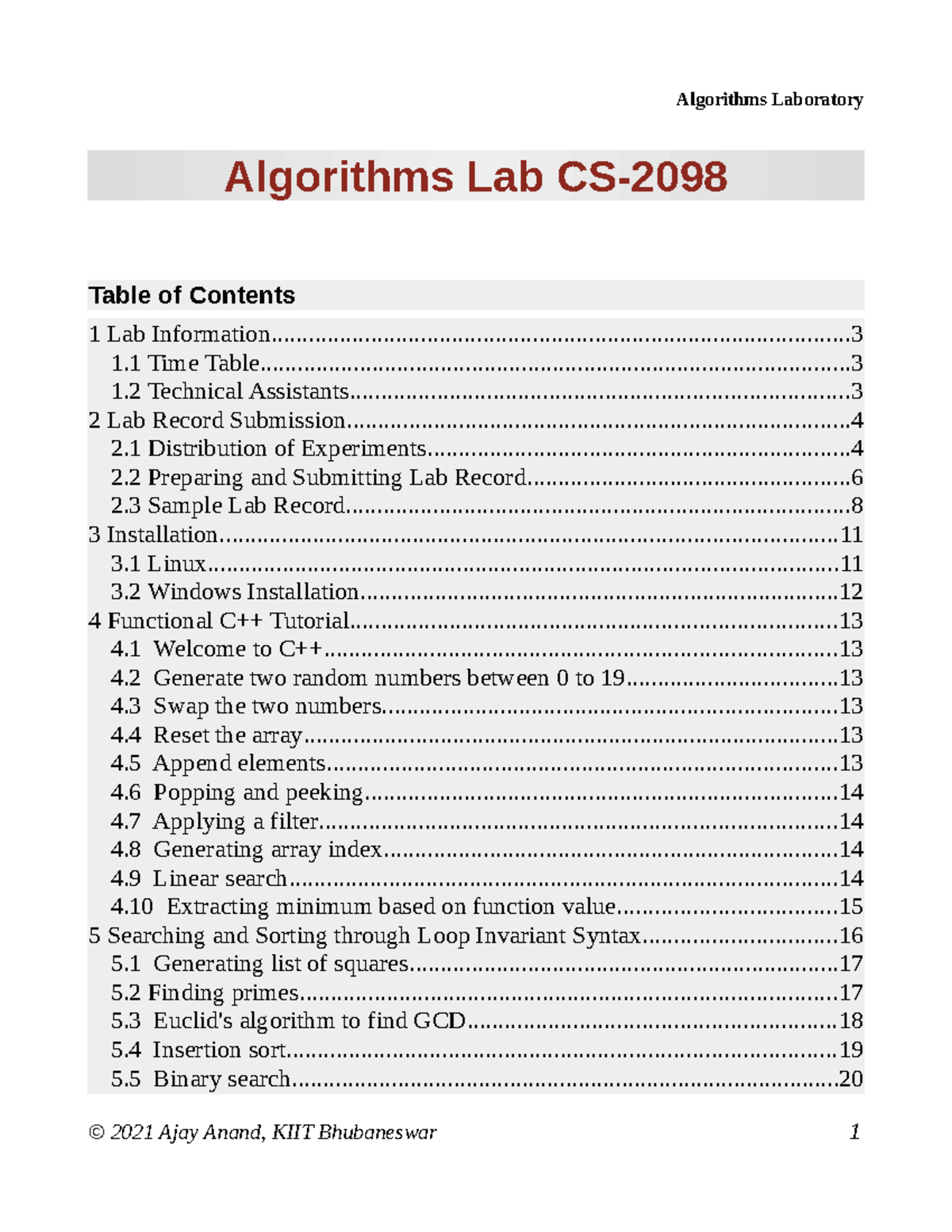 Lab Instructions - Table of Contents - **Algorithms Lab CS-** 1 Lab ...