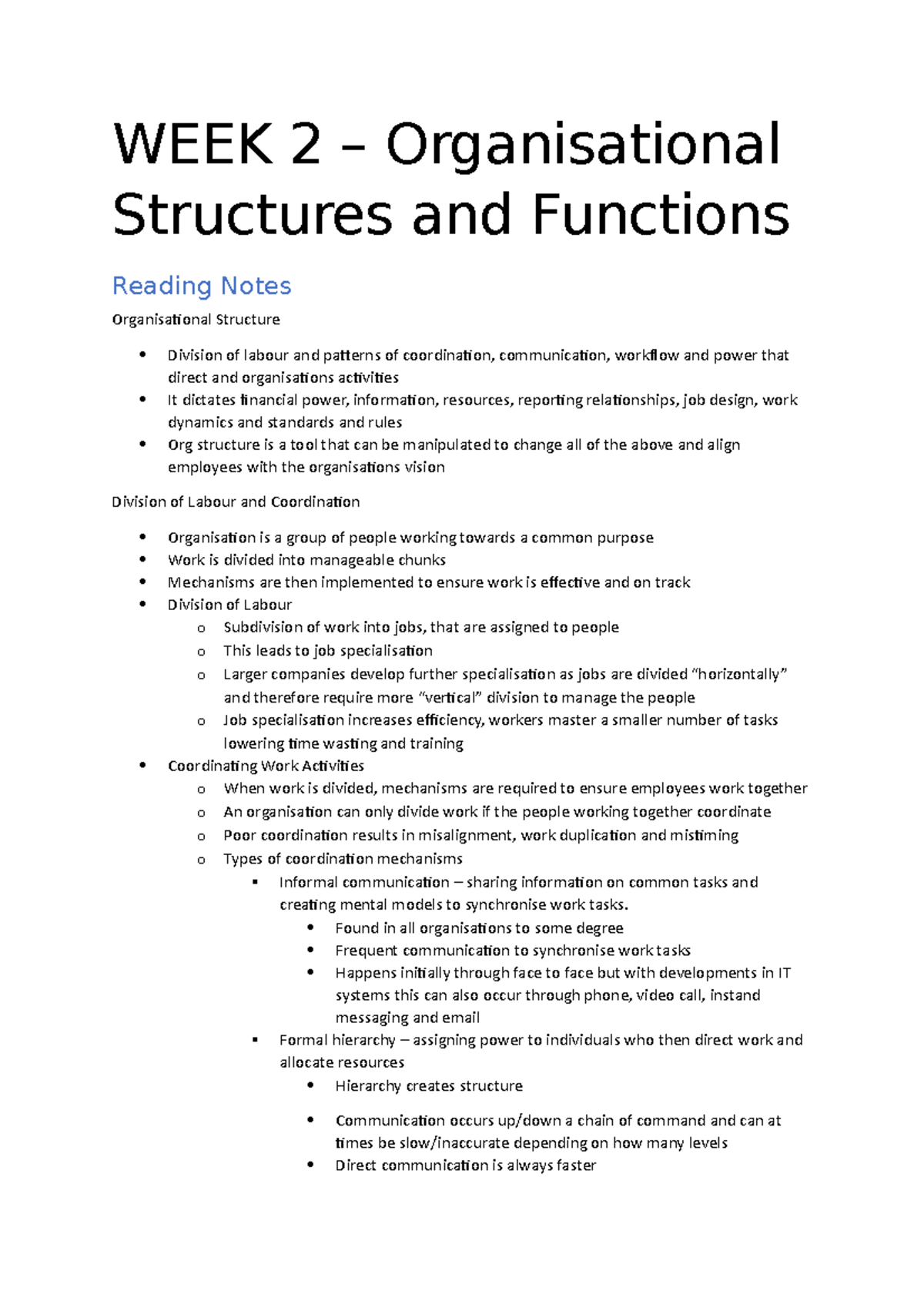 SBL1100 W2 - Organisational Structures and Functions - WEEK 2 ...