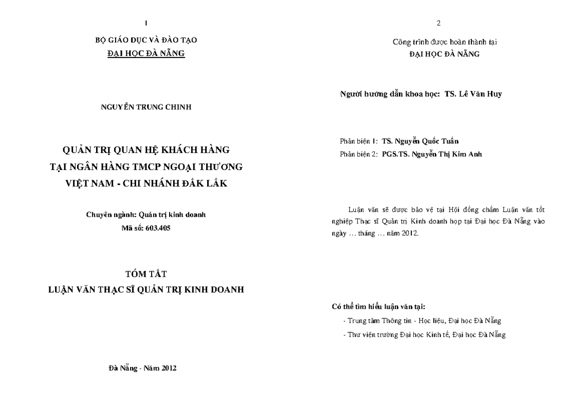 Tomtat - abcxyz - B GIÁO DC VÀ ÀO TO I HC À NNG NGUYN TRUNG CHINH QUN TR QUAN H KHÁCH HÀNG TI ...