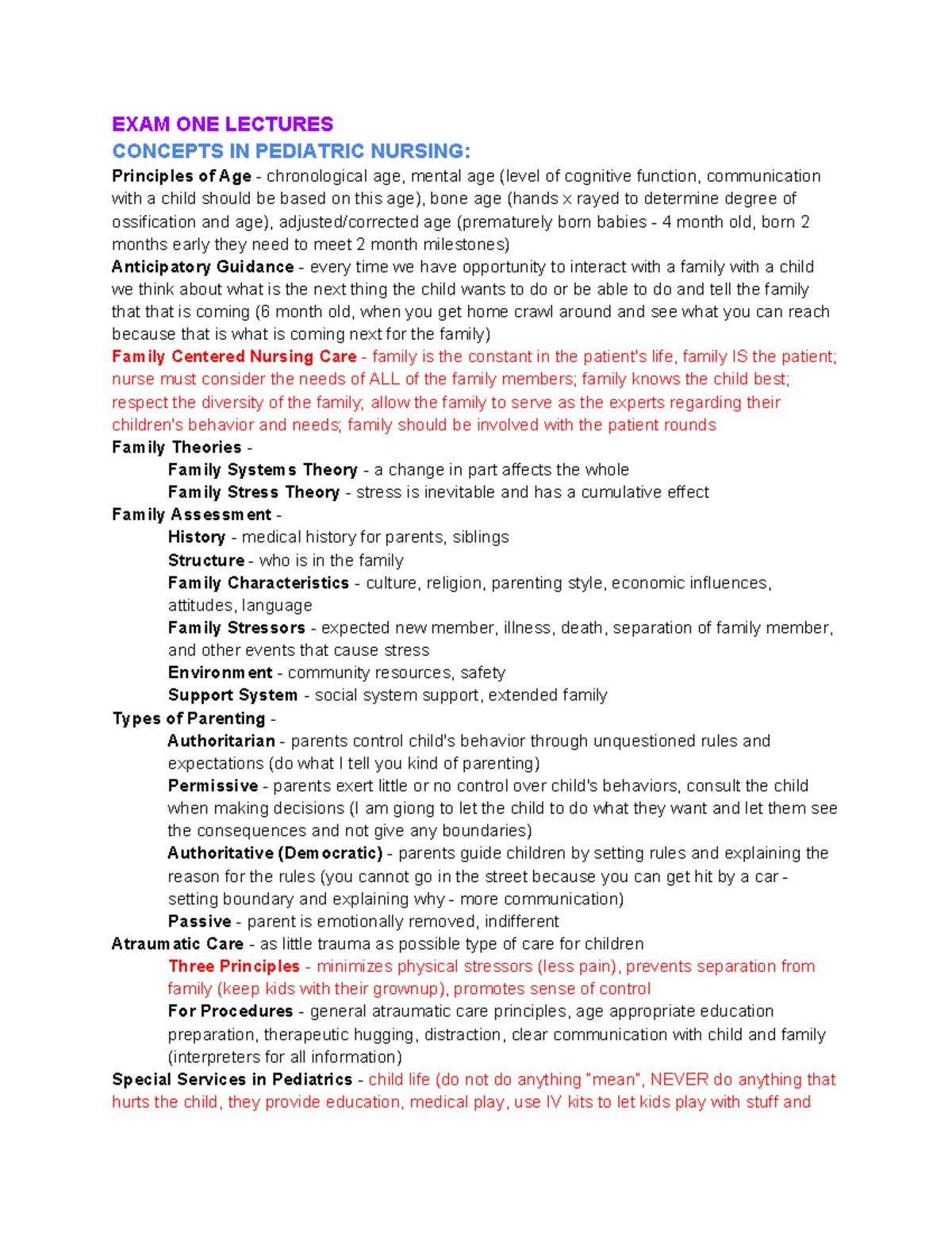 Lecture Notes for Pediatrics Nursing - EXAM ONE LECTURES CONCEPTS IN ...