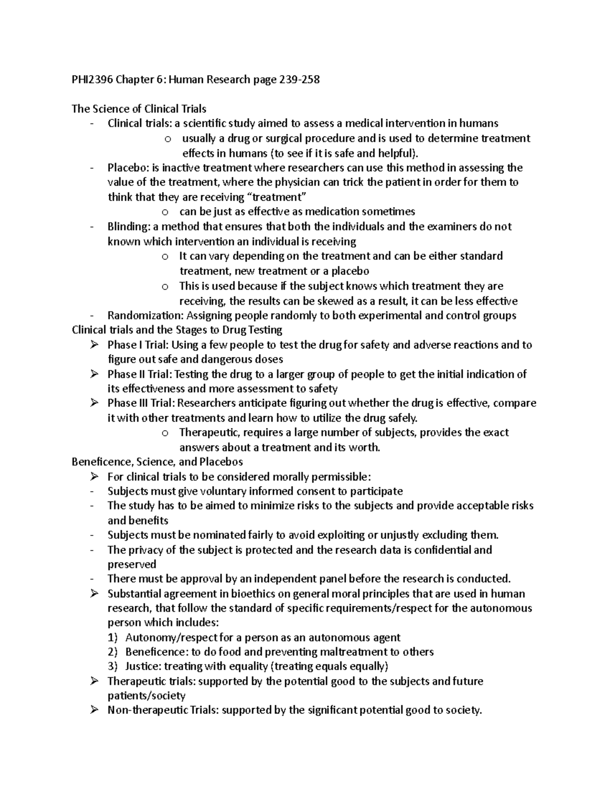 Bioethics Chapter 6 - PHI2396 Chapter 6: Human Research page 239- The ...