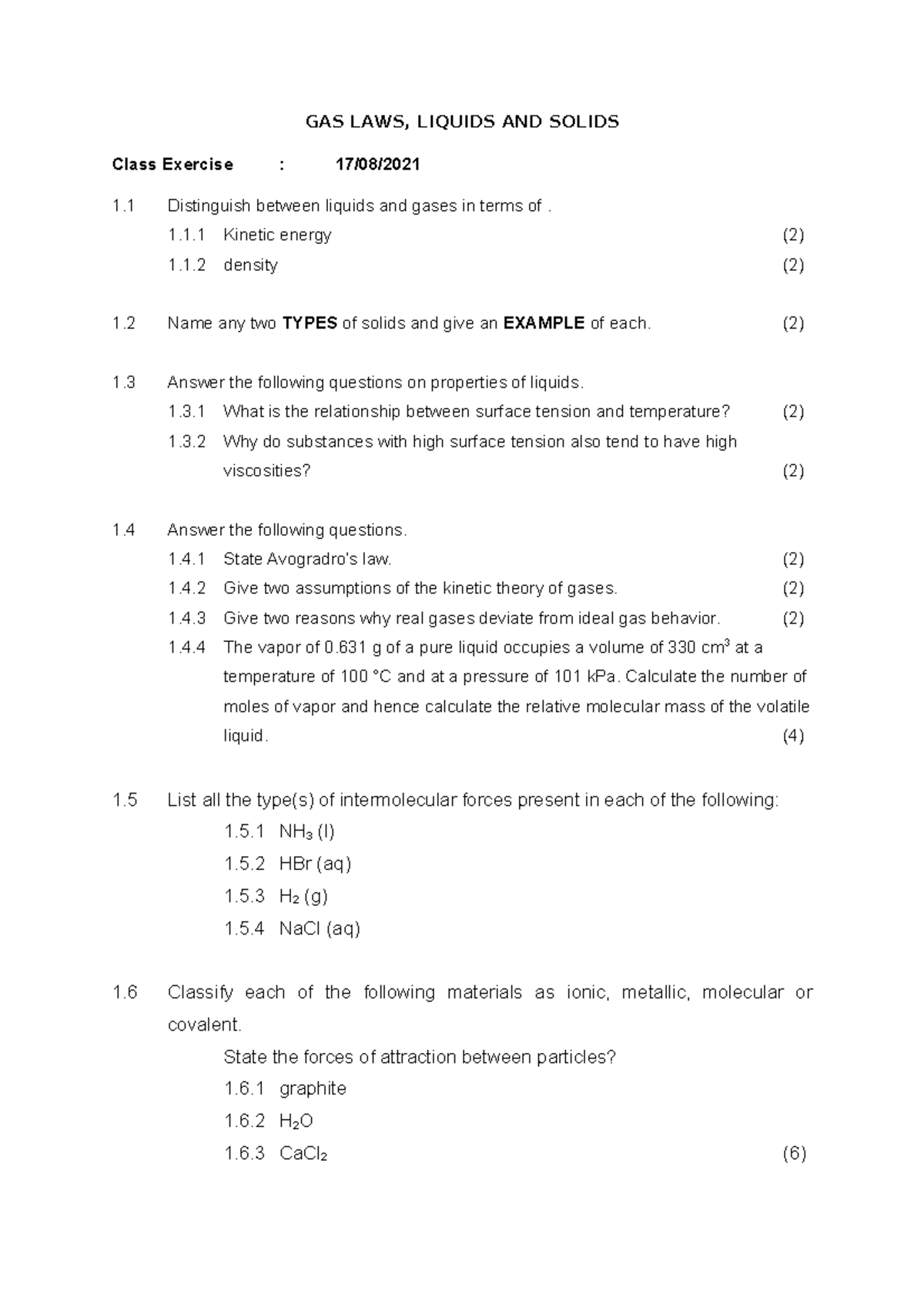 Liquids, Solids and Gases - GAS LAWS, LIQUIDS AND SOLIDS Class Exercise ...