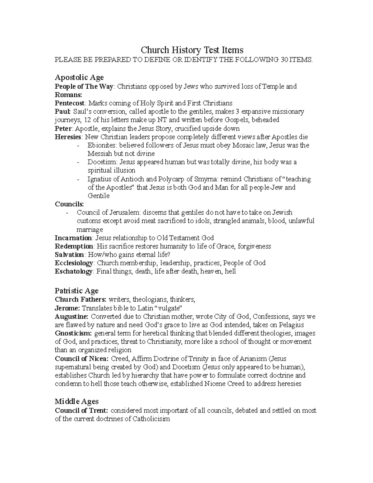 Church History Test Items - Church History Test Items PLEASE BE ...