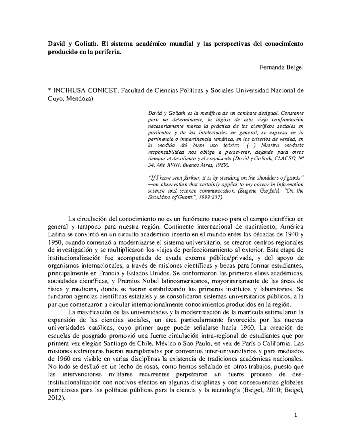Beigel perspectivas del conocimiento en la periferia U5 - David y ...