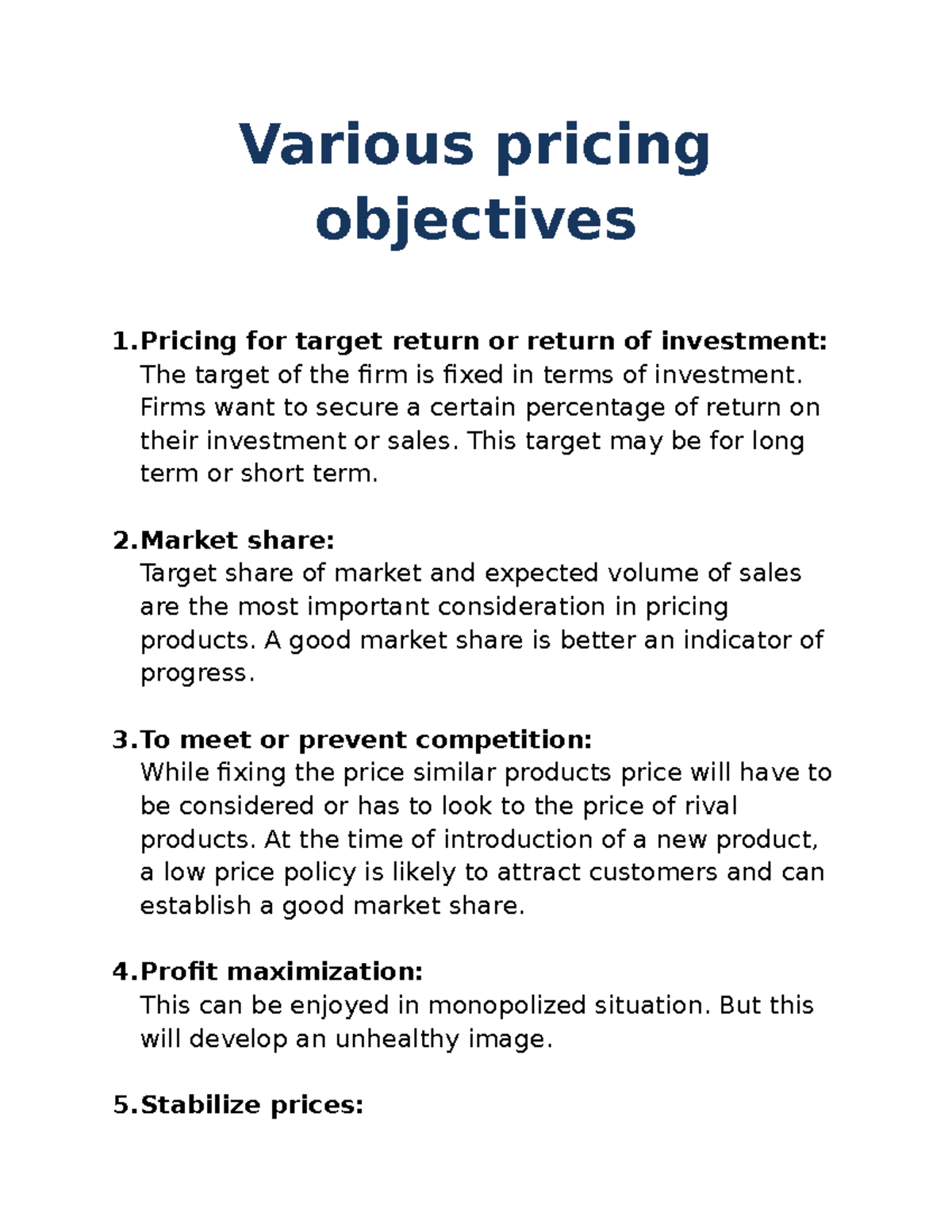 various-pricing-objectives-firms-want-to-secure-a-certain-percentage