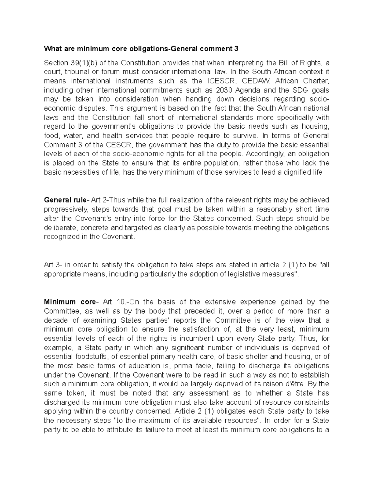 Notes Minimum Core and socio-econimic rights at international law ...
