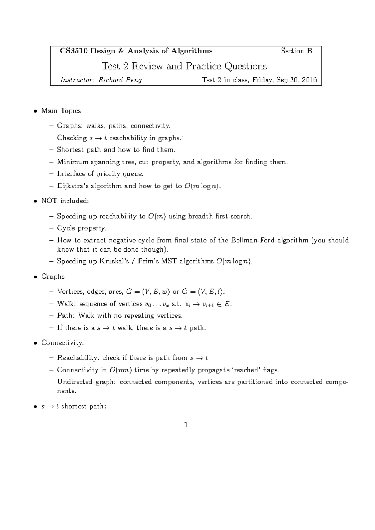 Test 2 Review Fa16 Practice Tests Cs3510 Design And Analysis Of Algorithms Section B Test 2