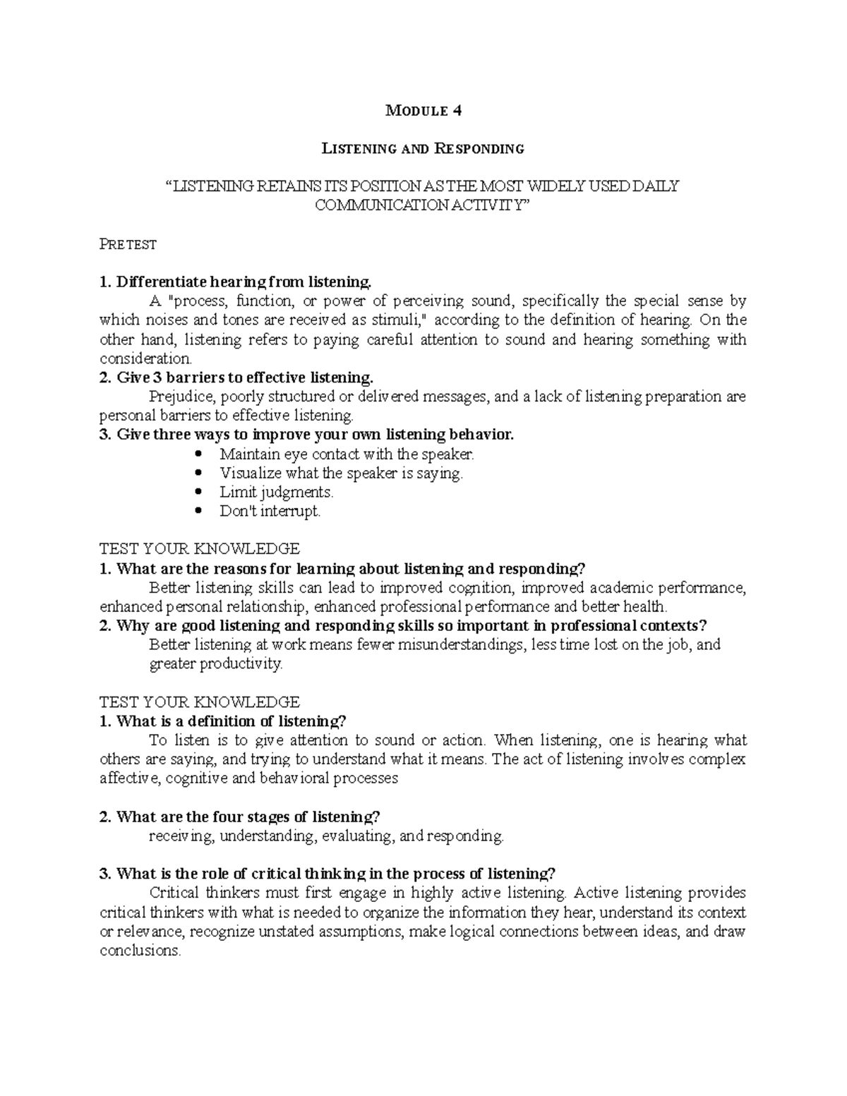 Module 4 - MODULE 4 LISTENING AND RESPONDING “LISTENING RETAINS ITS ...