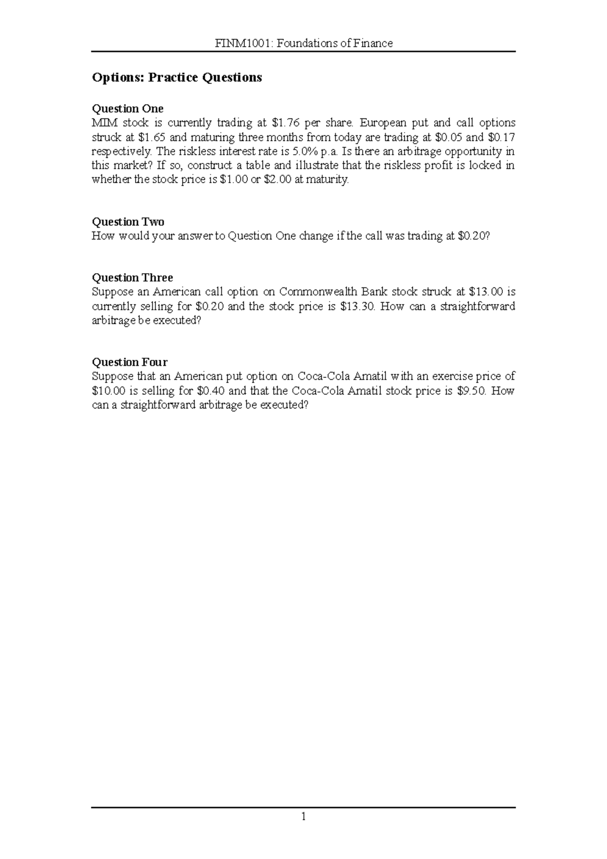 10) Options Practice Questions - FINM1001: Foundations of Finance ...