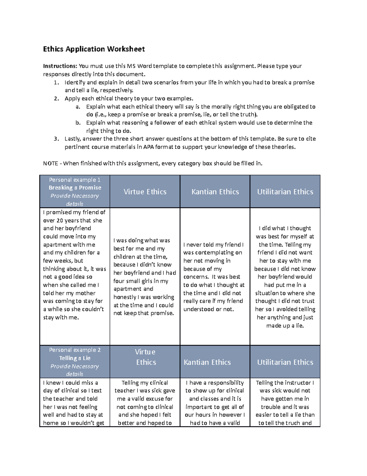 Ethics worksheet - Ethics Application Worksheet Instructions: You must ...