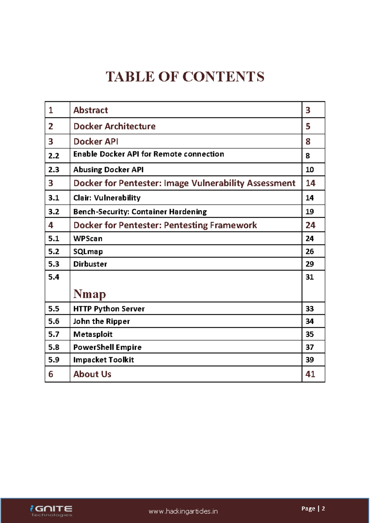 Docker Penetration Testing Guide 2 Table Of Contents 5 Page 1 Abstract 2 Docker