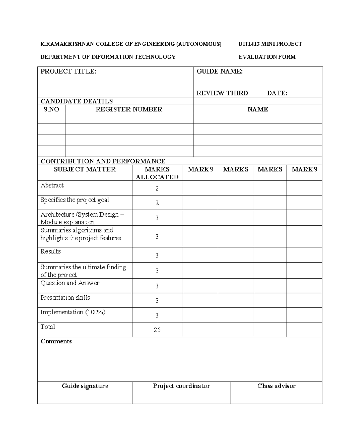 Miniproject evaluation form review Third-1 - K COLLEGE OF ENGINEERING ...
