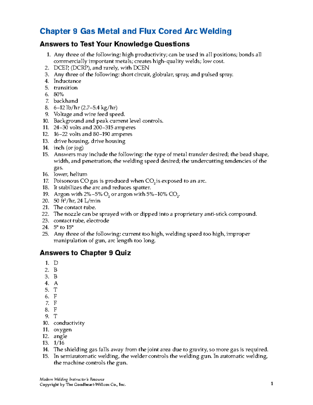 Chapter 9 Test Your Knowledge Answers - 1 Modern Welding Instructor’s ...