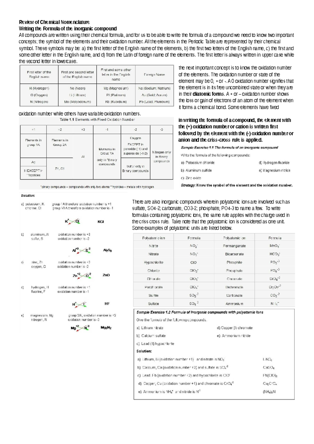 Chem-lec - Review of Chemical Nomenclature Writing the Formula of the ...