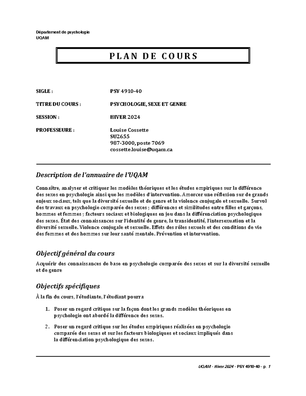 PSY4910-40 louise cossette - Département de psychologie UQAM P L A N D ...