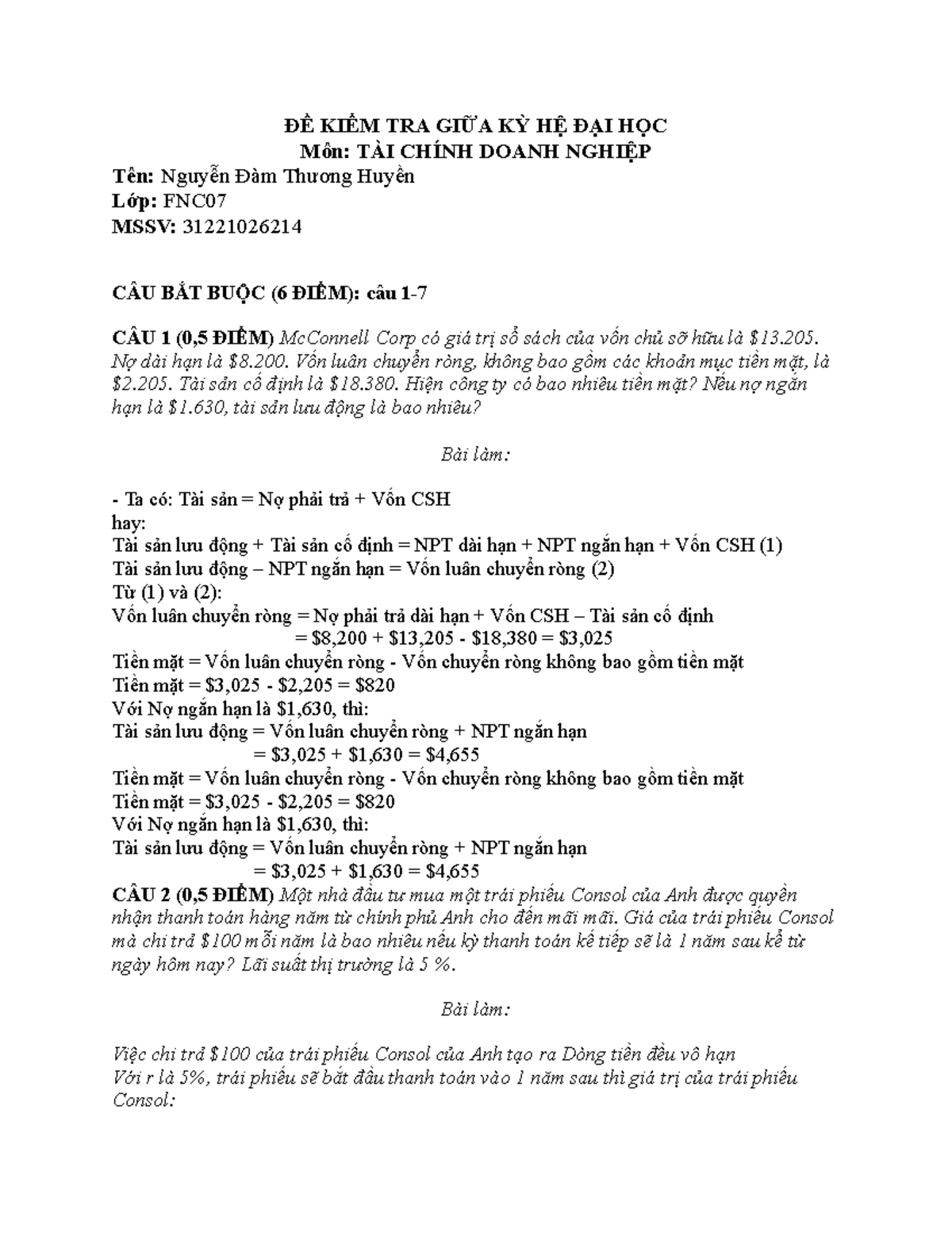 KTRA GK TCDN - thi gk - ĐỀ KIỂM TRA GIỮA KỲ HỆ ĐẠI HỌC Môn: TÀI CHÍNH ...