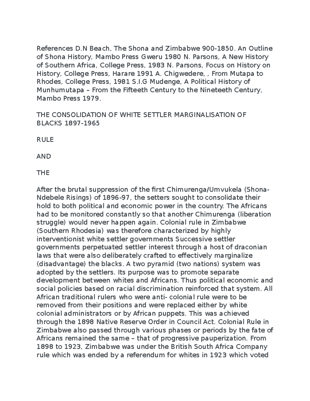 156 - history notes - References D Beach, The Shona and Zimbabwe 900 ...
