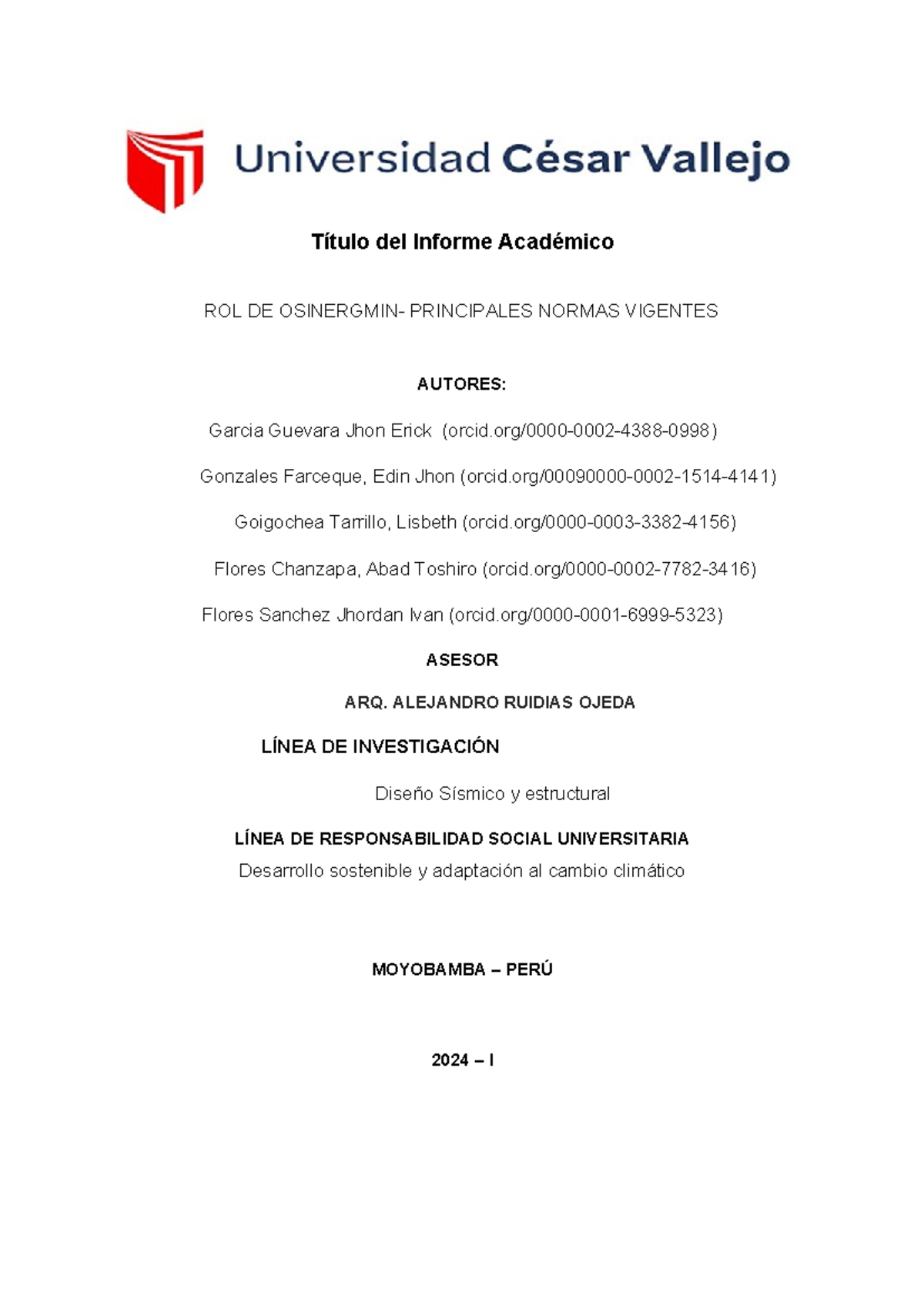 Instalacion EN Edificaciones ( Informe 1 - VIL Título del Informe Académico ROL DE OSINERGMIN ...