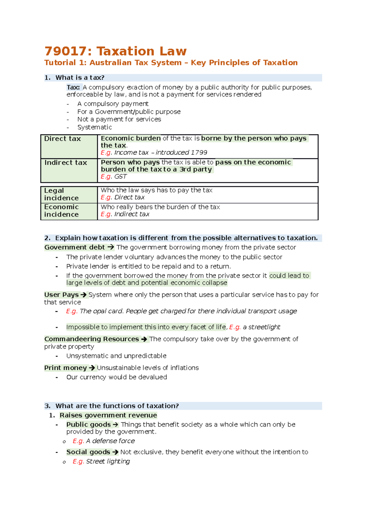 Tutorial 1 work - Tut 1 answers - 79017: Taxation Law Tutorial 1: Australian Tax System – Key ...