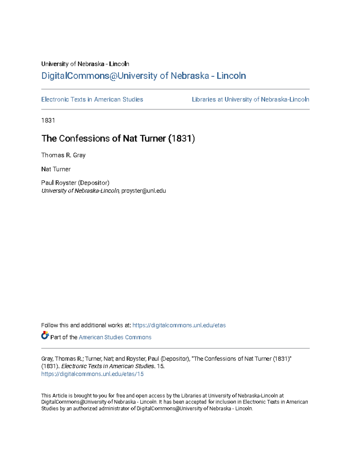 The Confessions of Nat Turner - Gray ####### Nat Turner ####### Paul ...