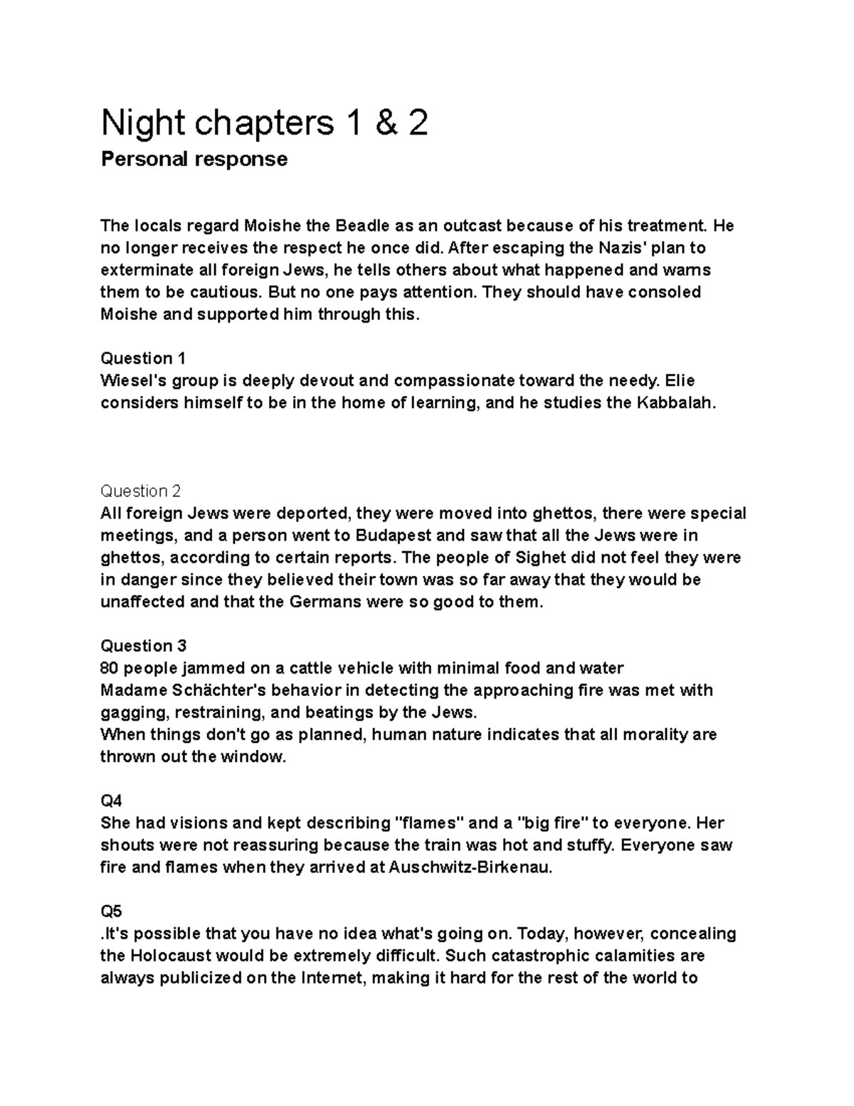 Study guide Night -2 - Night chapters 1 & 2 Personal response The ...