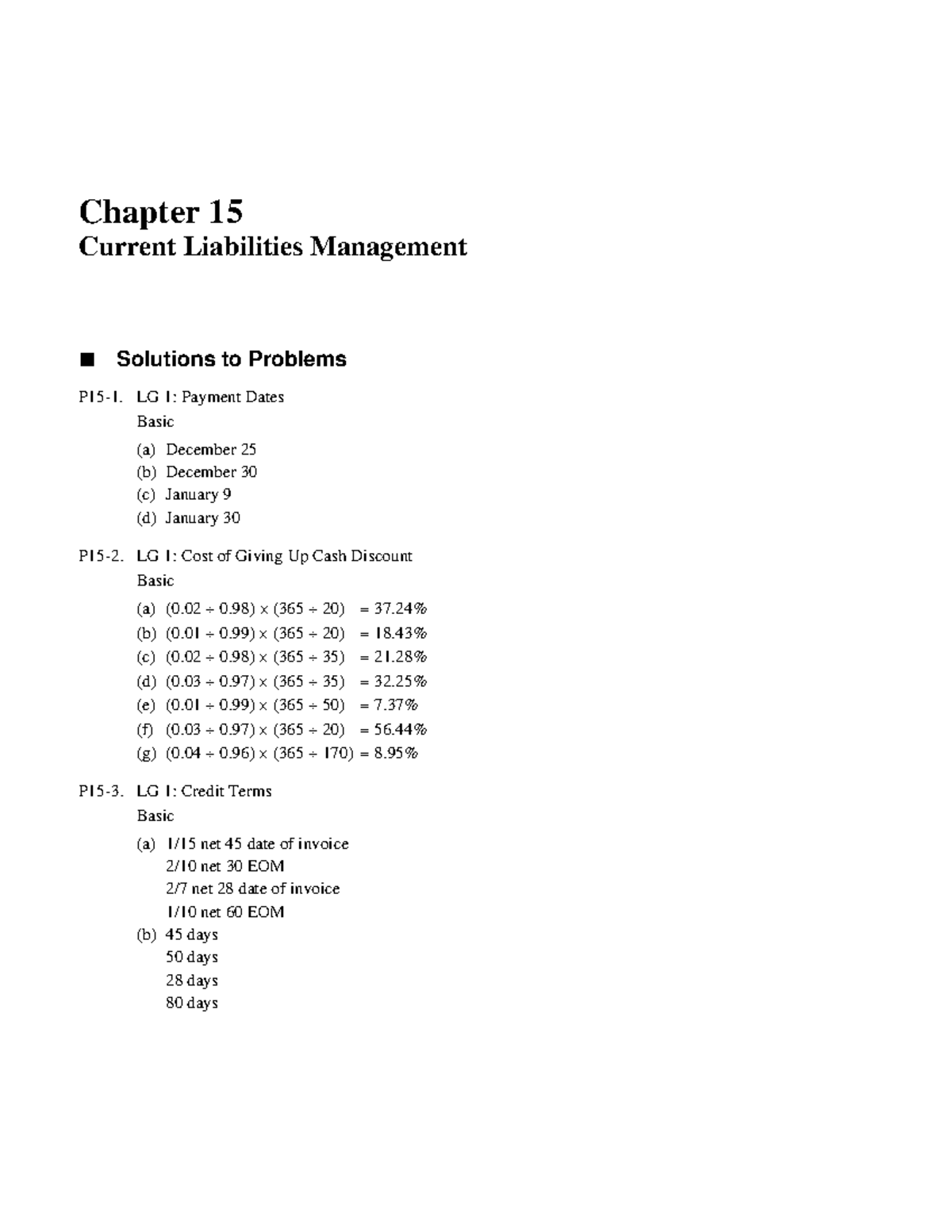 Chapter 15 - Chapter 15 Current Liabilities Management Solutions to Problems P15-1. LG 1 ...