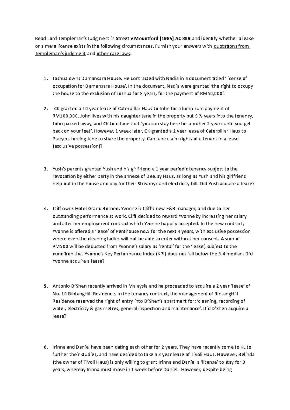 Tutorial 1 for leases questions only - Read Lord Templeman’s Judgment ...