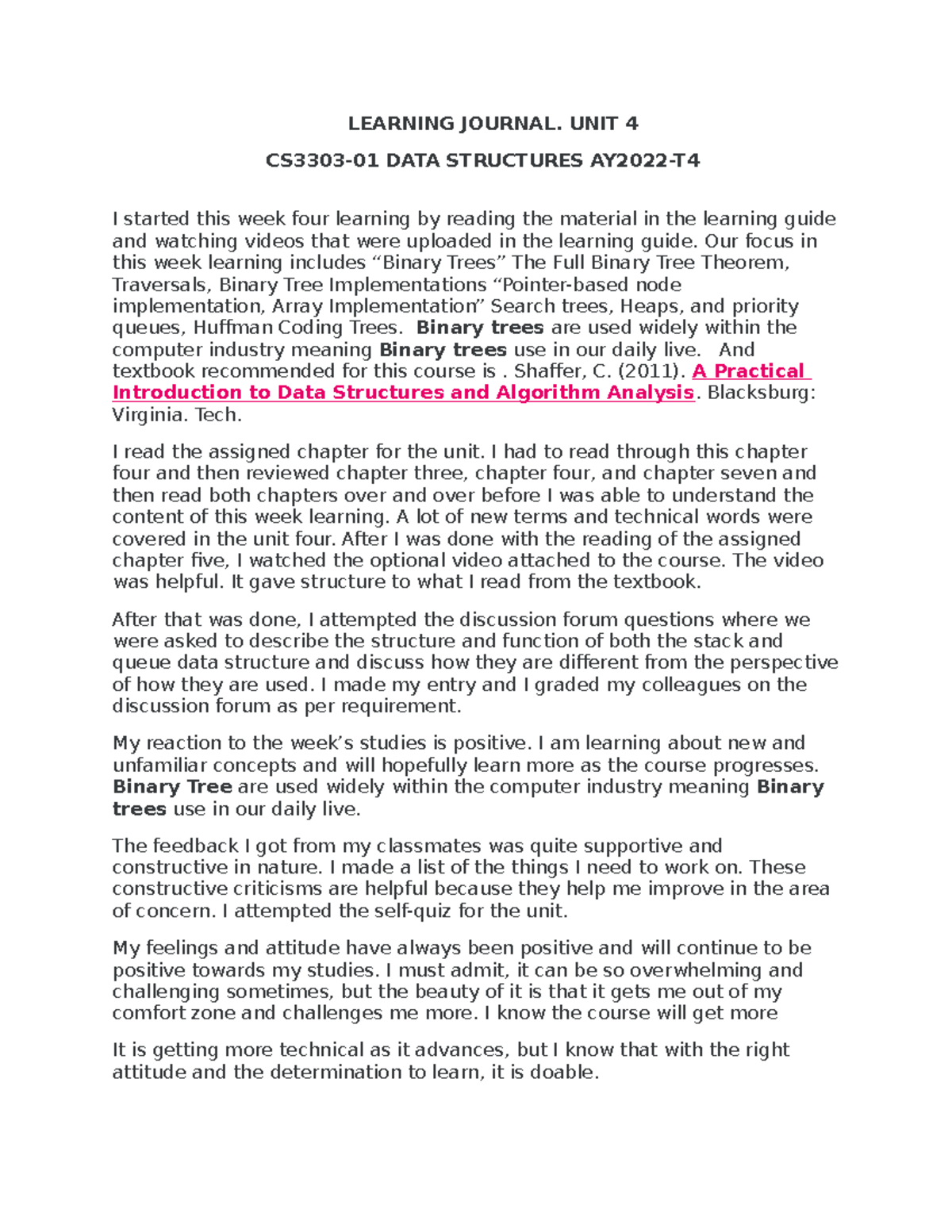 Learning Journal UNIT 4 - LEARNING JOURNAL. UNIT 4 CS3303-01 DATA ...