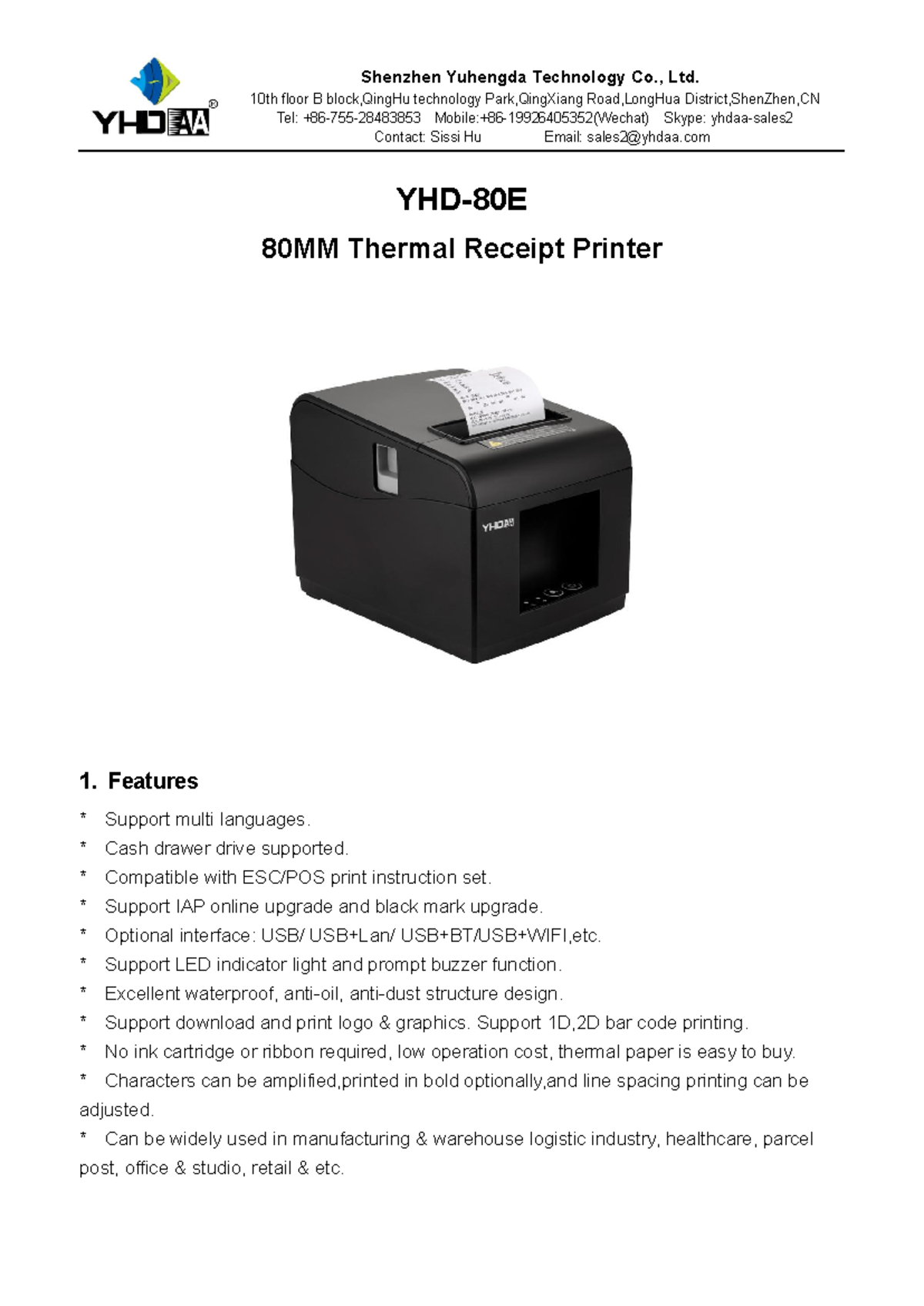 YHD-80E 80mm receipt printer - Shenzhen Yuhengda Technology Co., Ltd ...