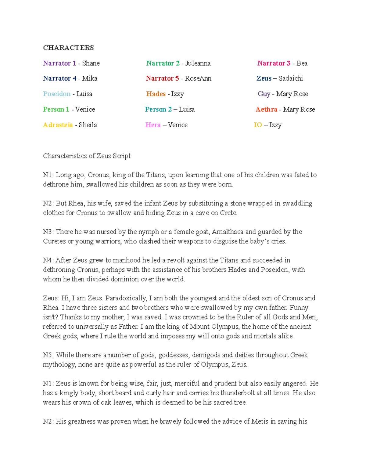 Characterofzeus - Main characteristics of zeus. - CHARACTERS Narrator 1 ...